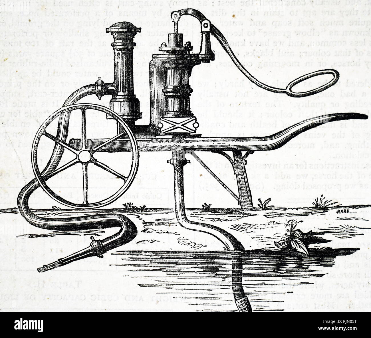 Illustration showing a portable double-action force pump for farm or ...