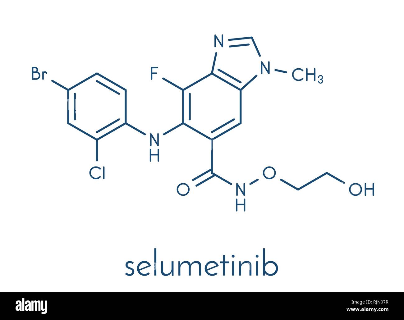 Selumetinib cancer drug molecule (MEK1 and MEK2 inhibitor). Skeletal ...