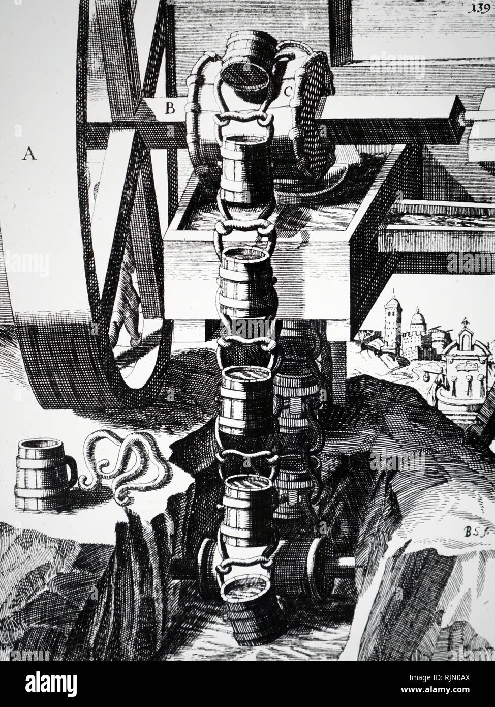 Illustration showing water wheel and pumps at London Bridge. In this ...