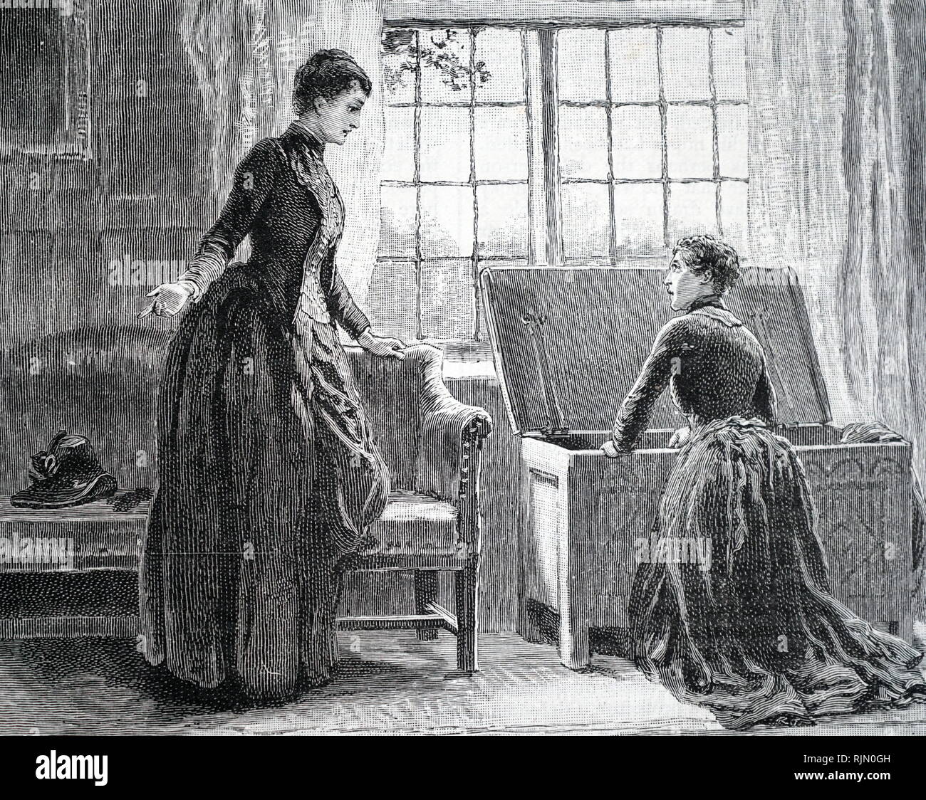 Illustration two women opening wooden chest hi-res stock photography ...