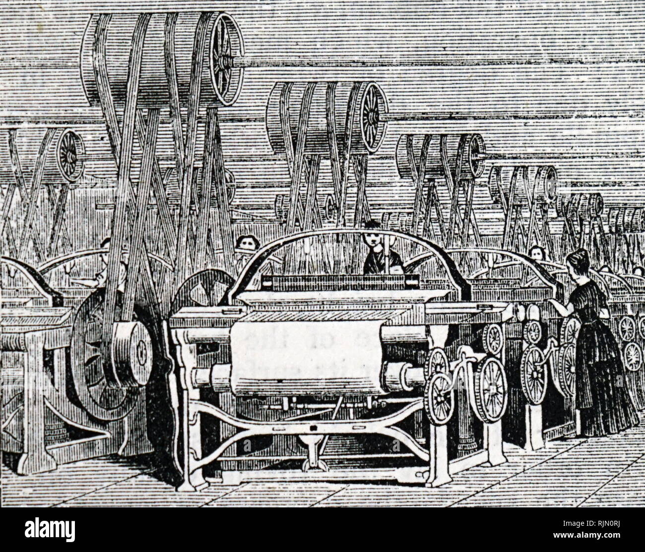 Illustration showing Weaving shed fitted with power looms driven, via ...