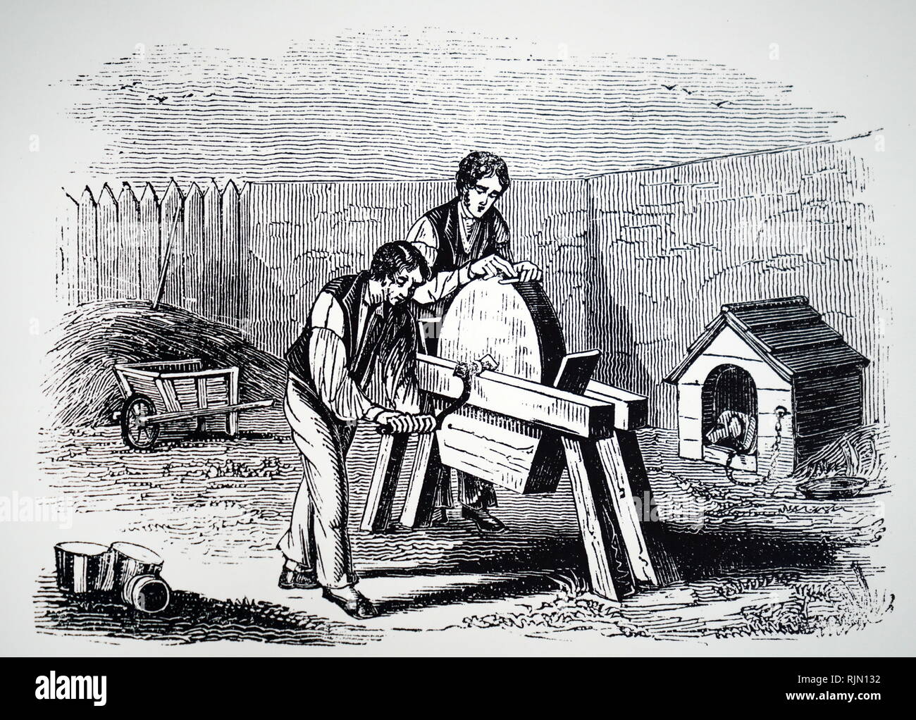 Illustration showing Man sharpening a blade on a grindstone which his ...