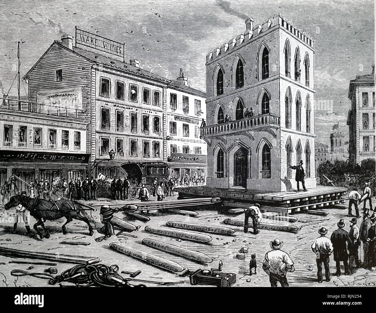 Illustration showing moving a house across Chicago, using rollers. 1878 ...