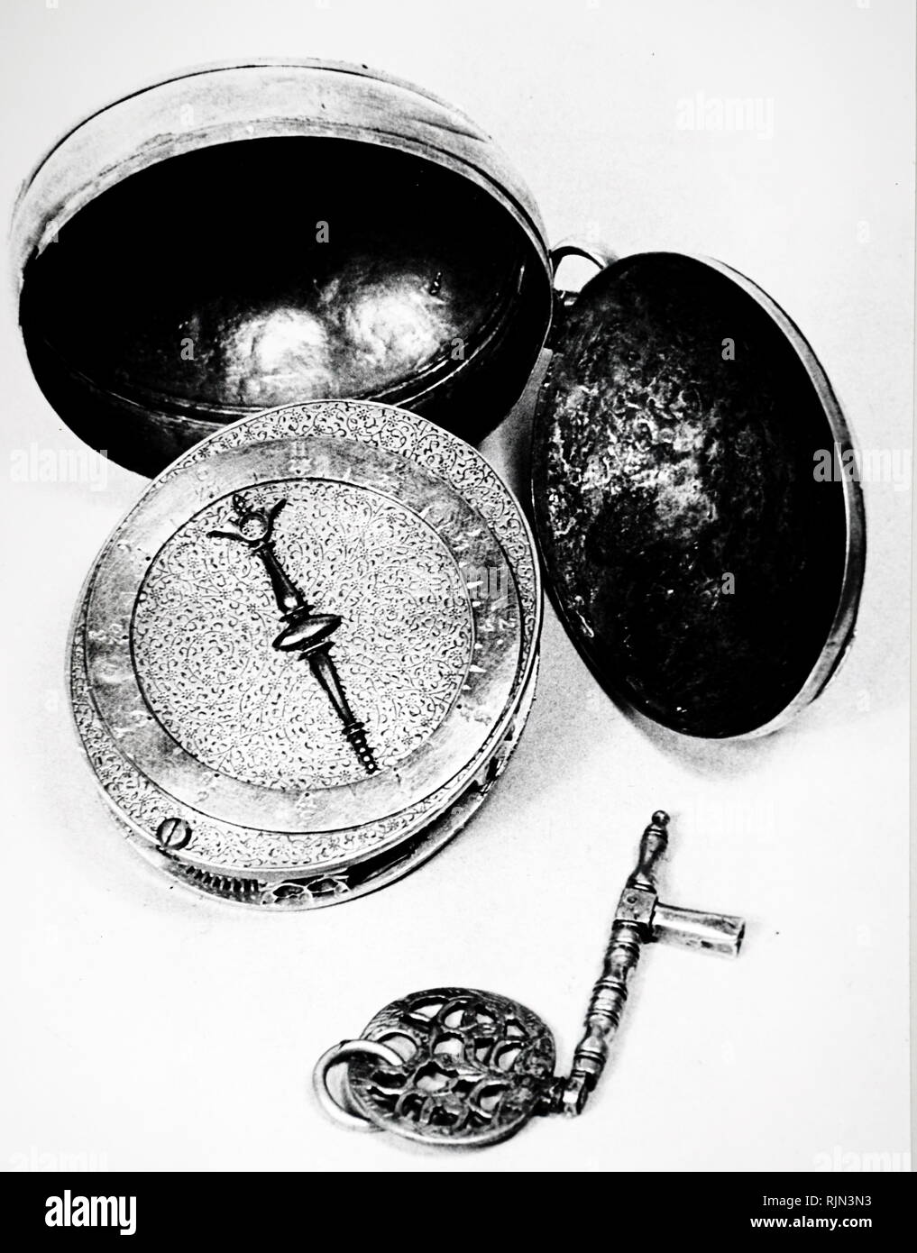 Illustration showing a Nuremberg Egg, an early type of pocket watch ...