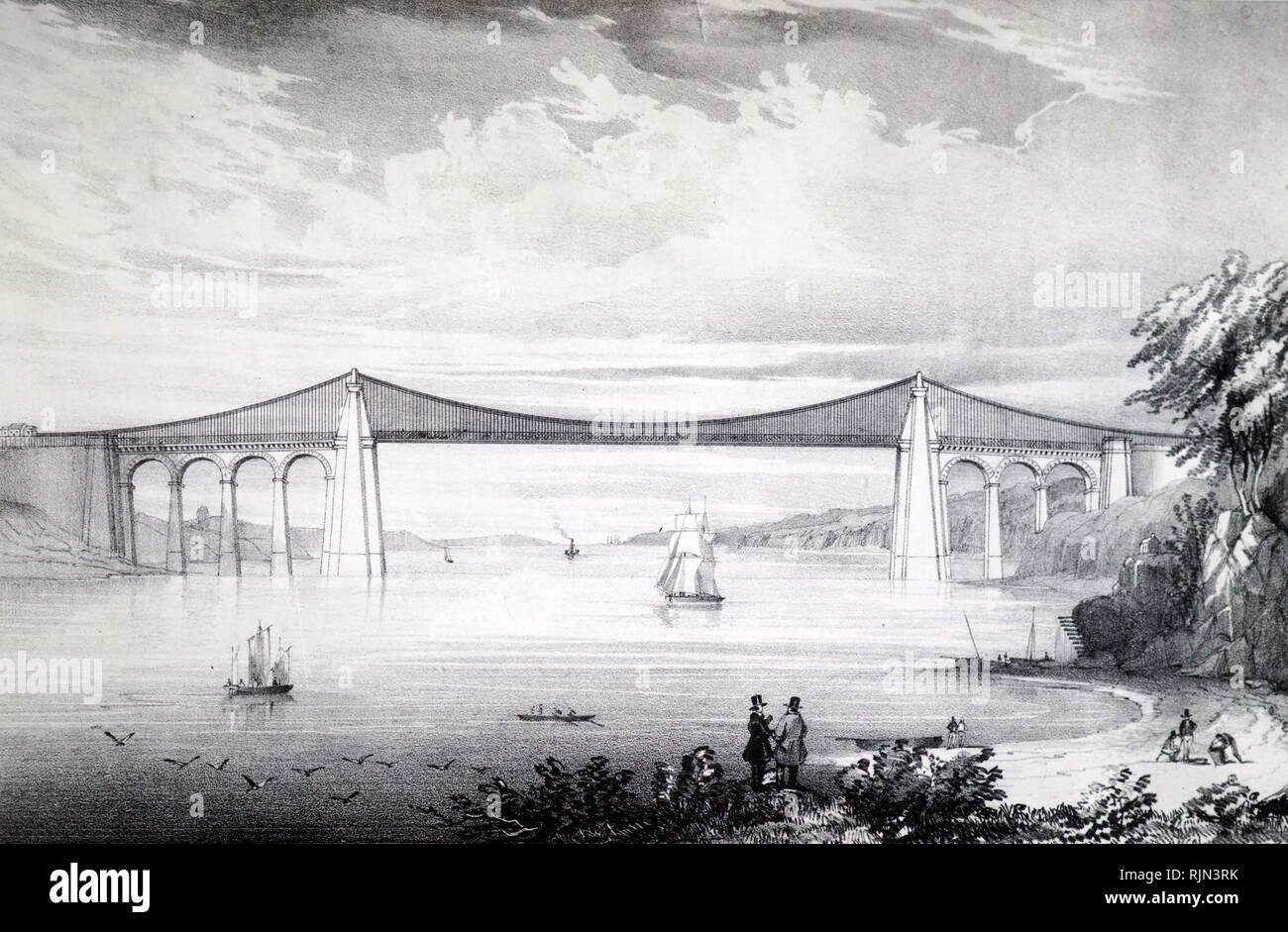 Illustration showing Thomas TELFORD'S suspension bridge over the Menai ...