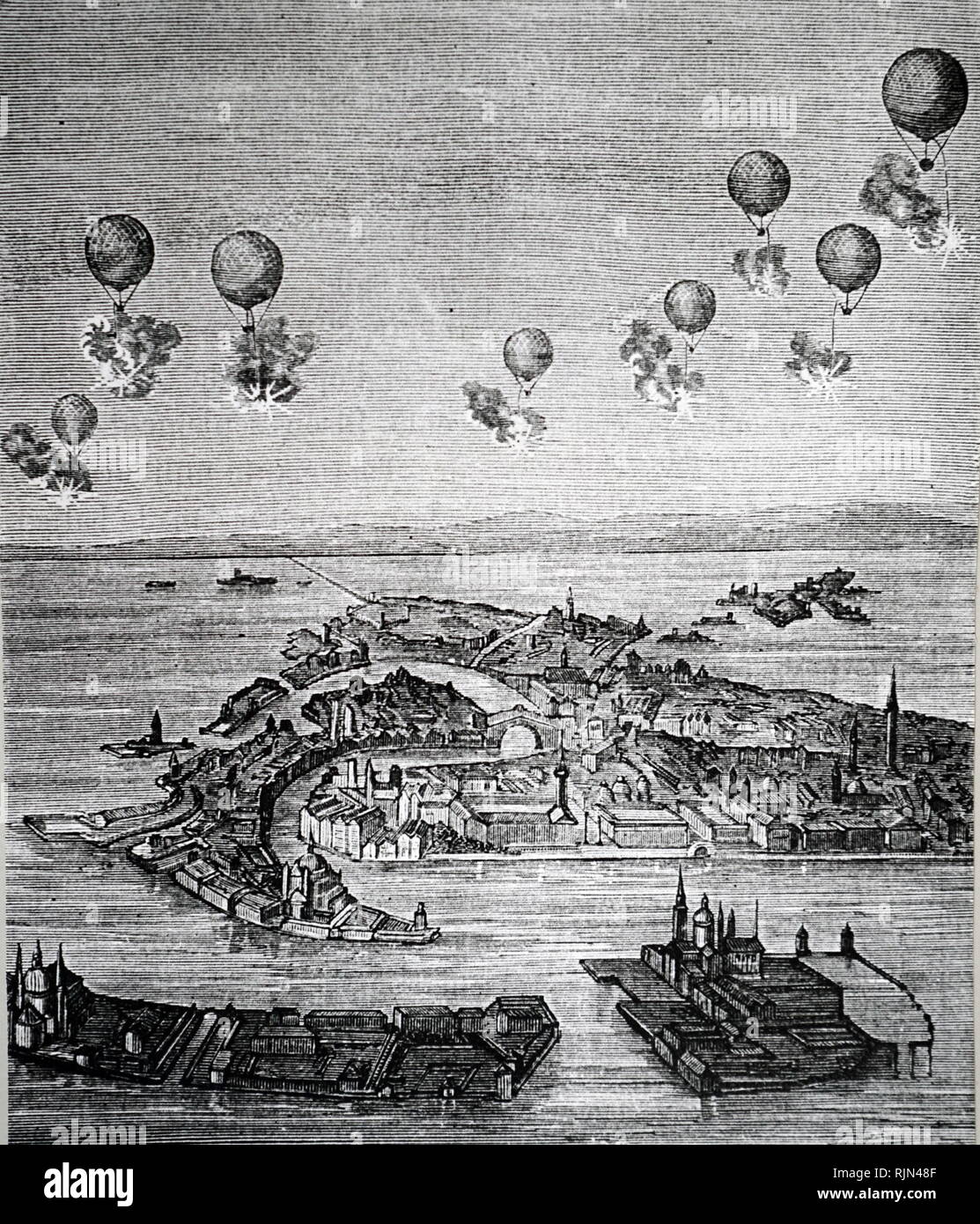 Illustration showing Austrian balloons used to bomb Venice 1849 Stock ...