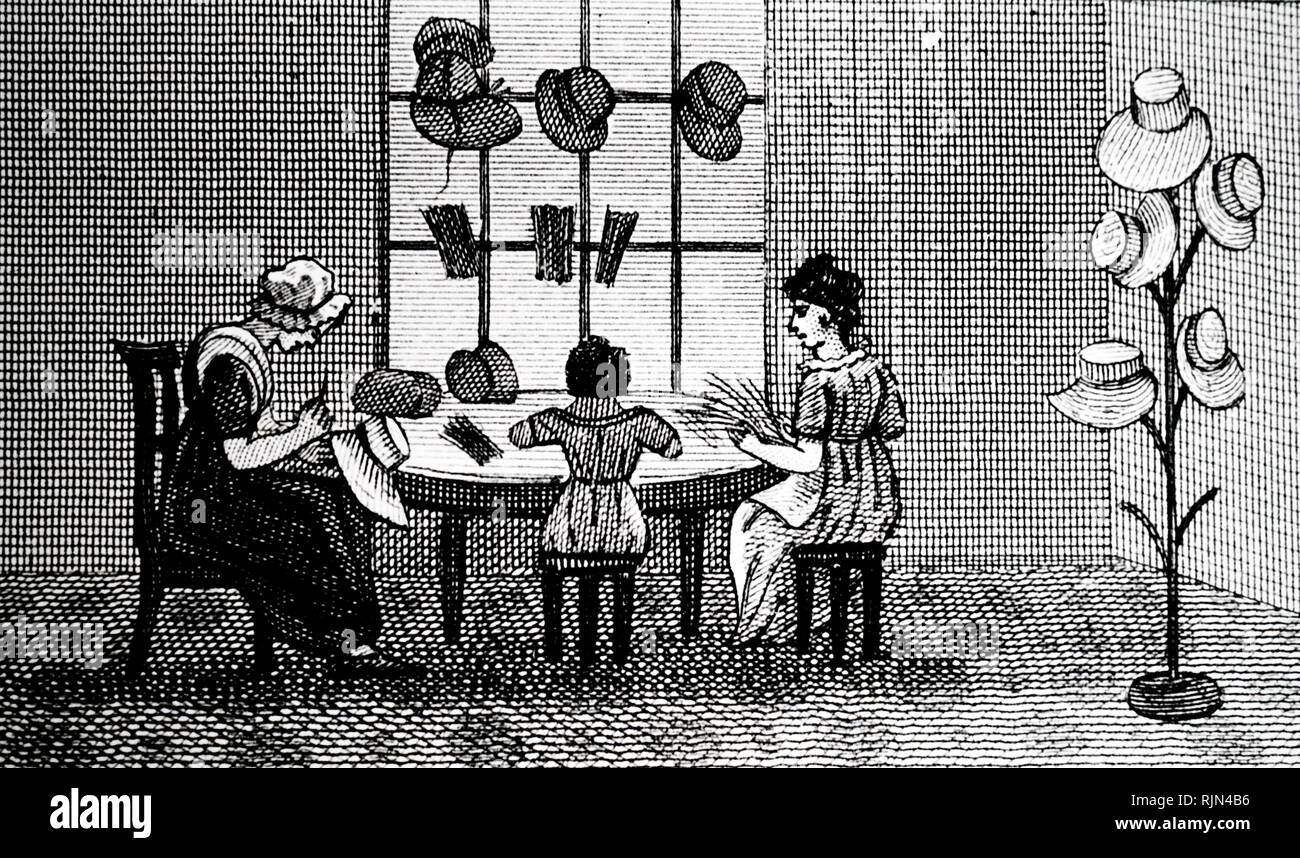 Women and child making plaited straw into hats in Dunstable, for use in ...