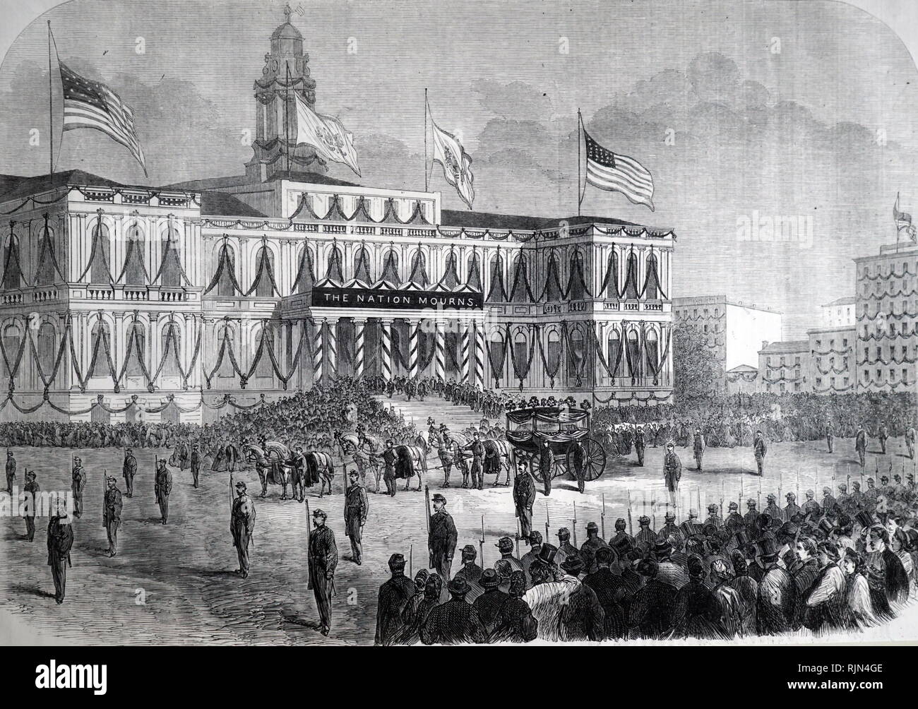 Illustration showing Abraham LINCOLN'S body arriving at City Hall, New ...
