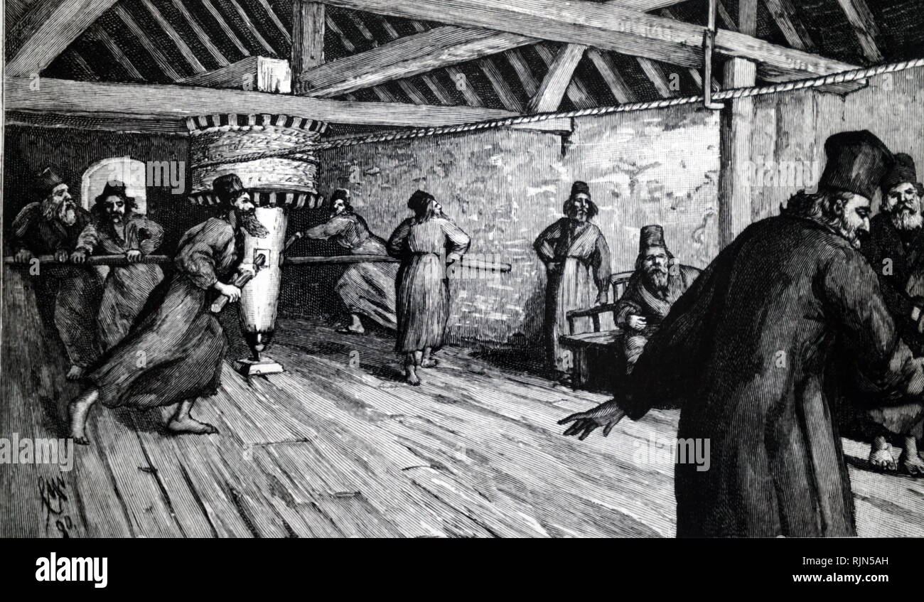 Illustration showing Greek Orthodox monks working the capstan to haul a ...