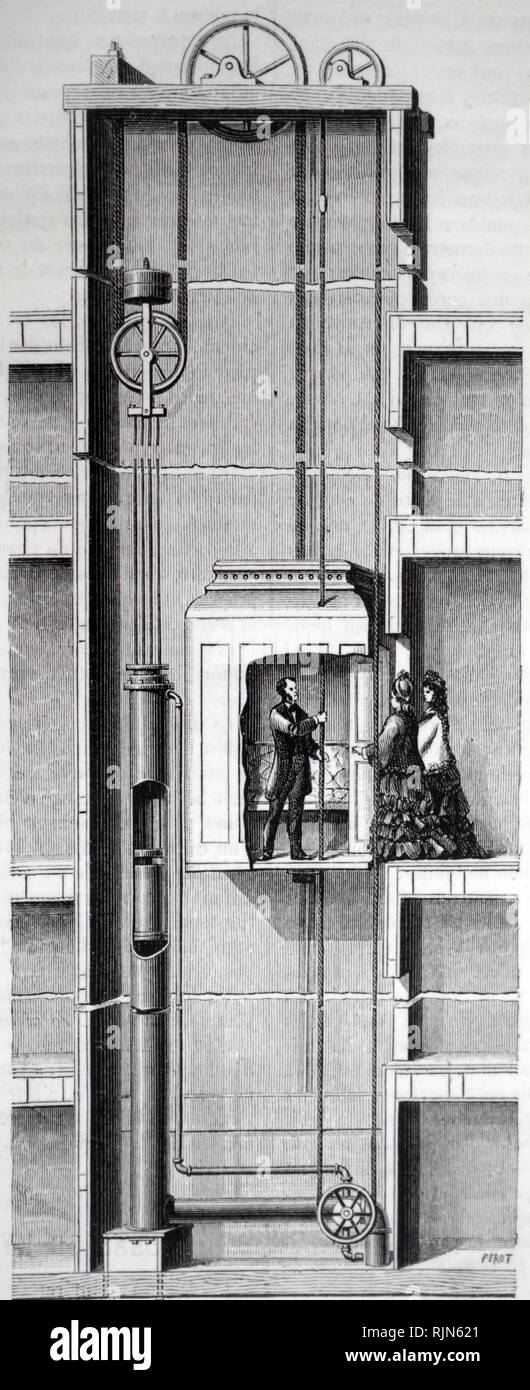 Illustration showing Hydraulic elevator with jigger mechanism worked by ...