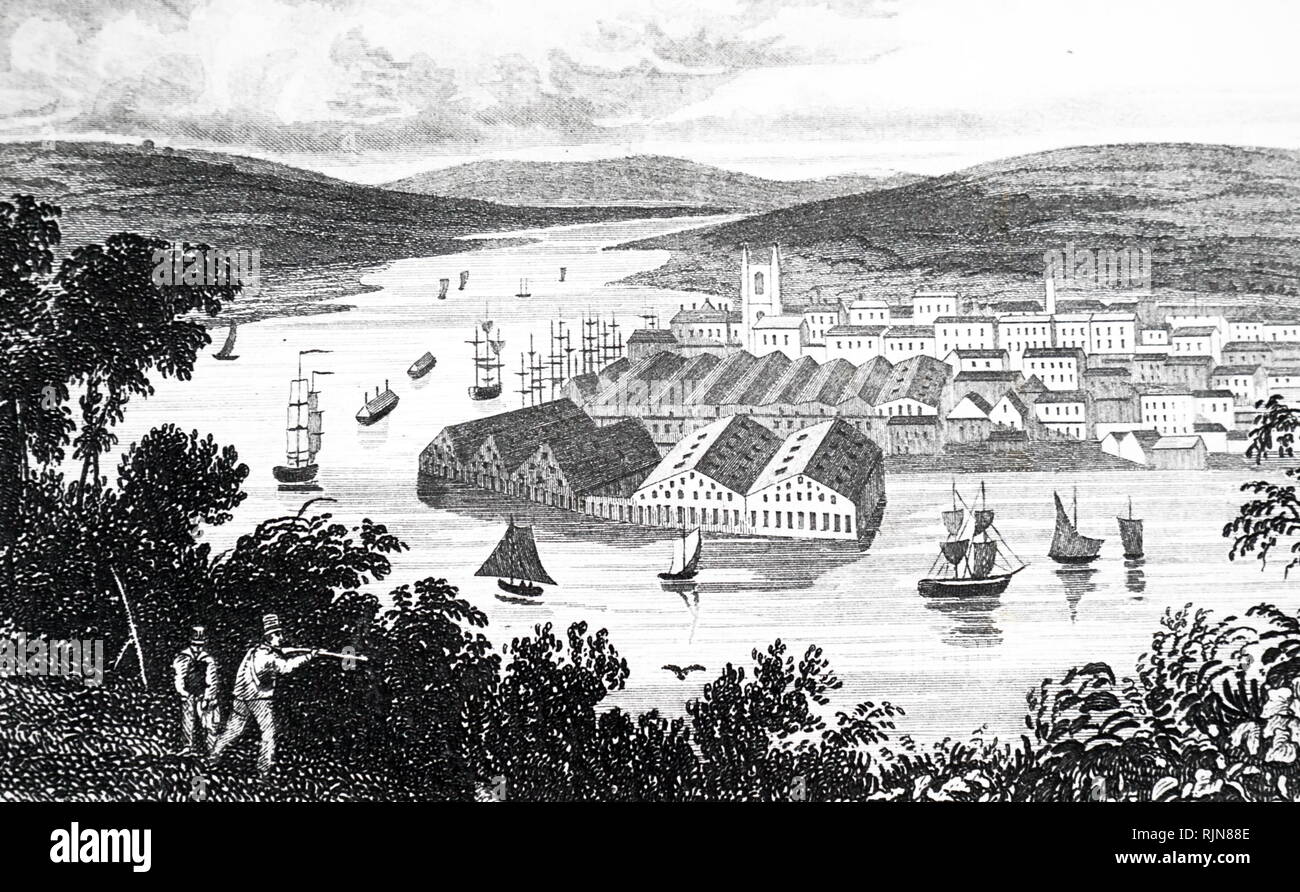 An engraving depicting a view of Devonport from Mount Edgecombe. Dated ...