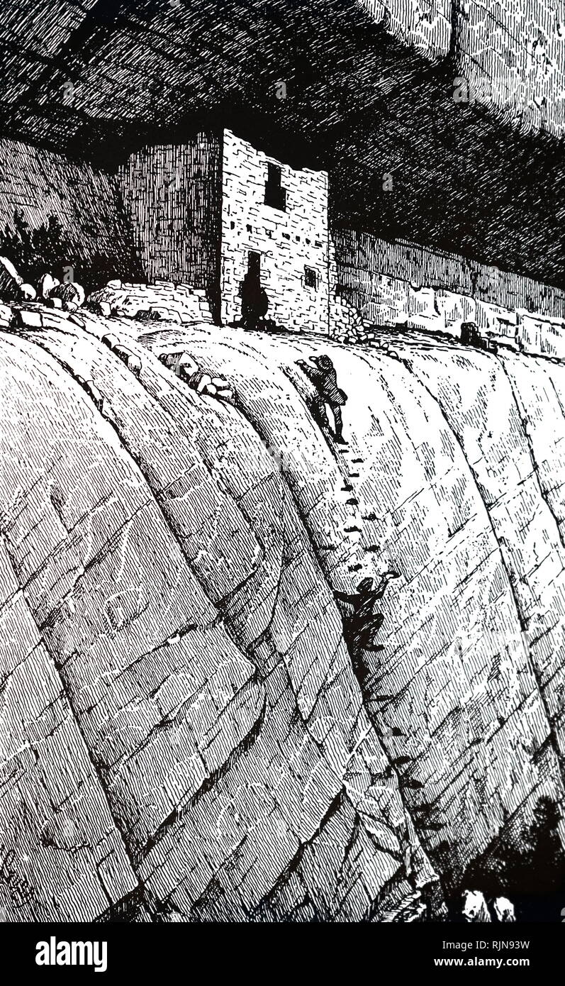 An engraving depicting a cave dwelling in the side of the cliffs on a ...