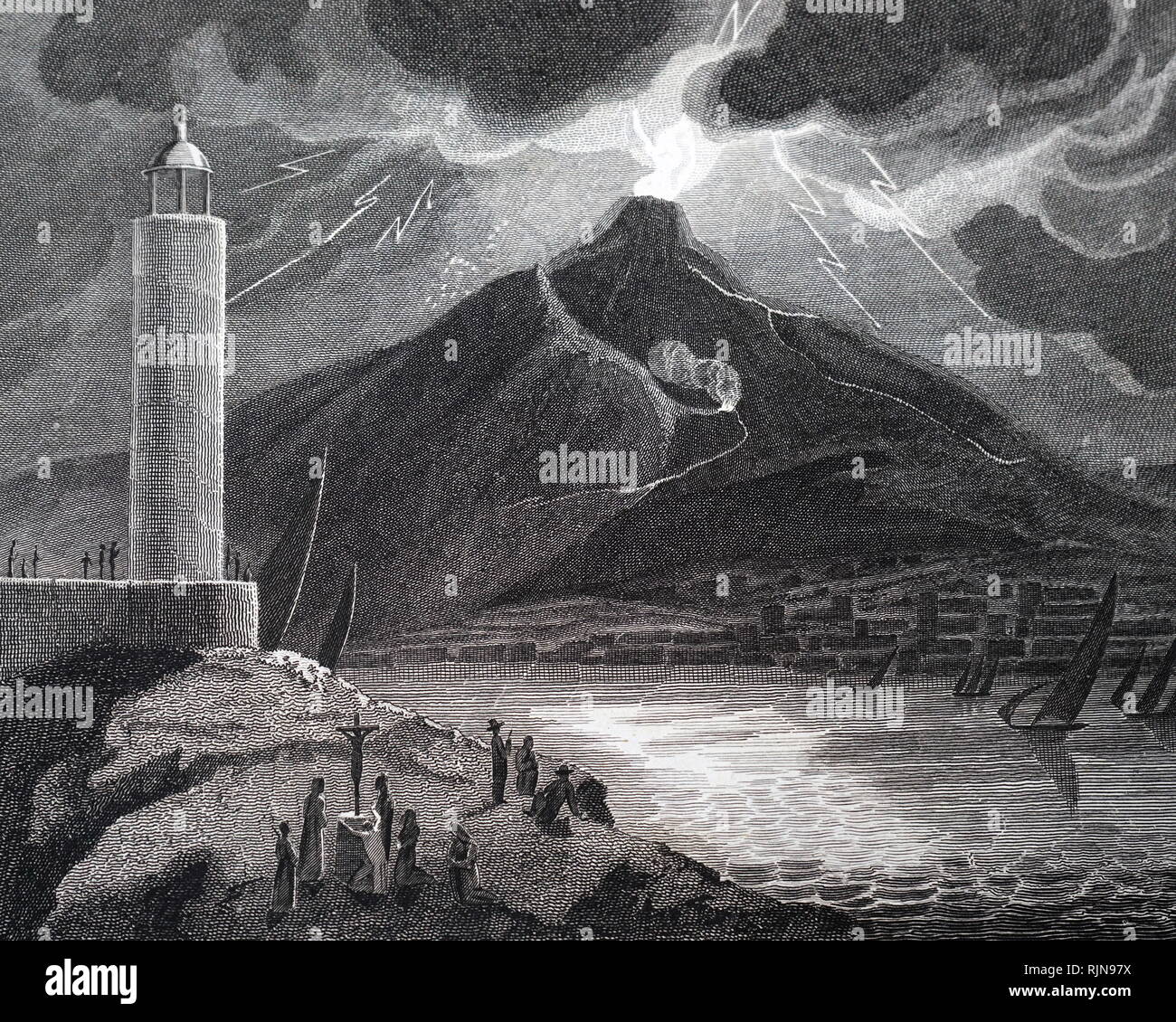 An engraving depicting the eruption of Mount Vesuvius, a Somma ...