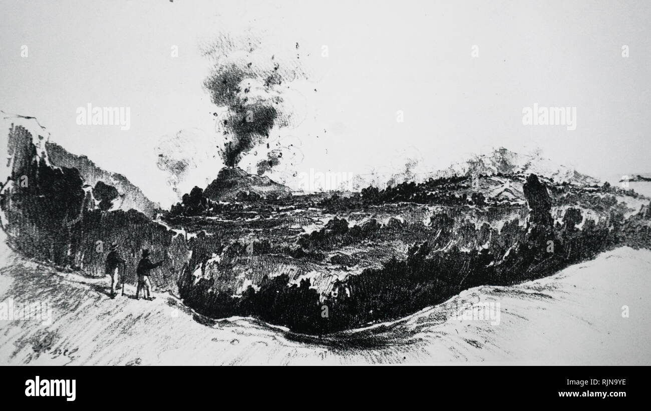 An engraving depicting Mount Vesuvius, a Somma-Stratovolcano located on ...