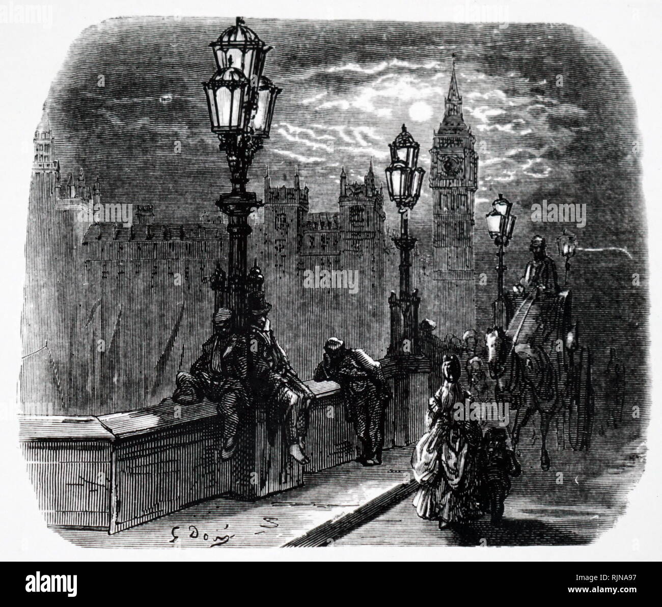 An engraving depicting the Victoria Embankment, London, lit by gas ...