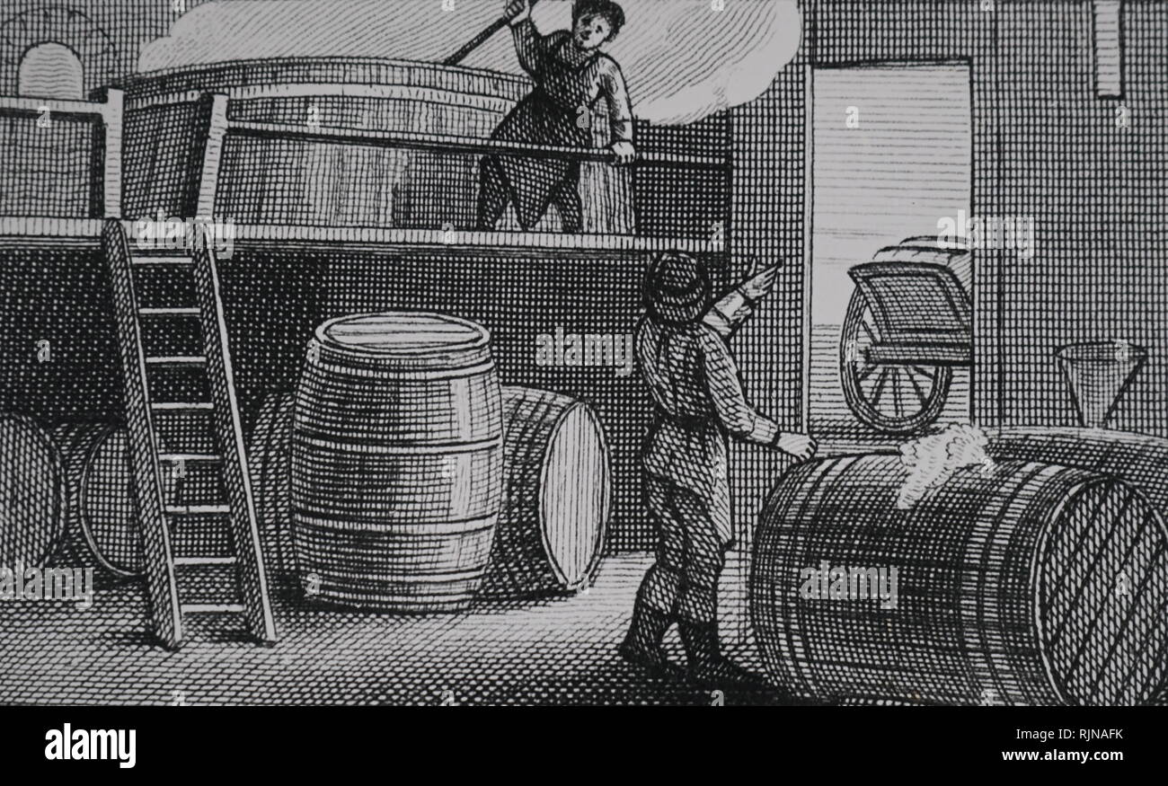 An engraving depicting the process of making beer using barley malted ...