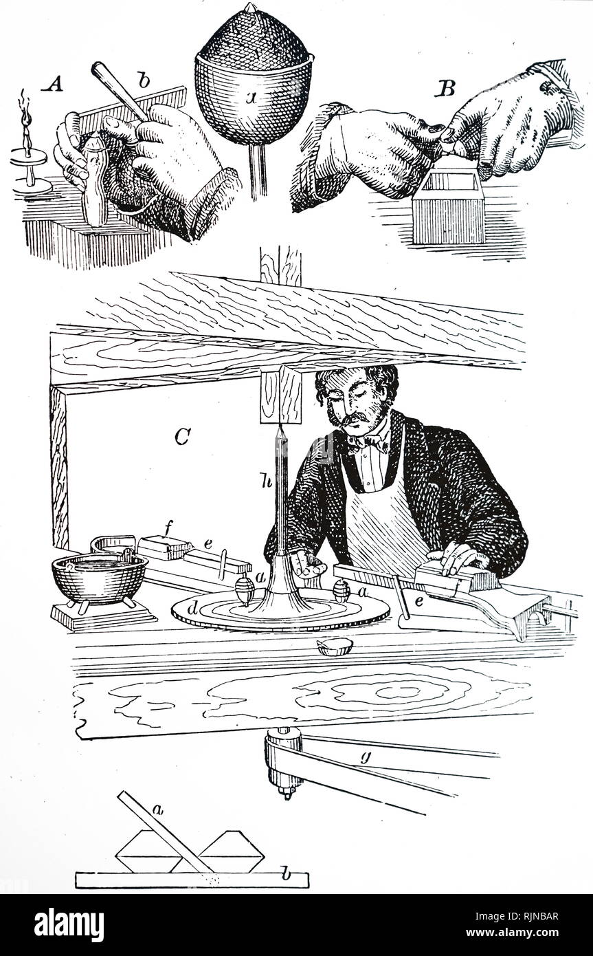 An engraving depicting the process of cutting a diamond. Dated 19th ...