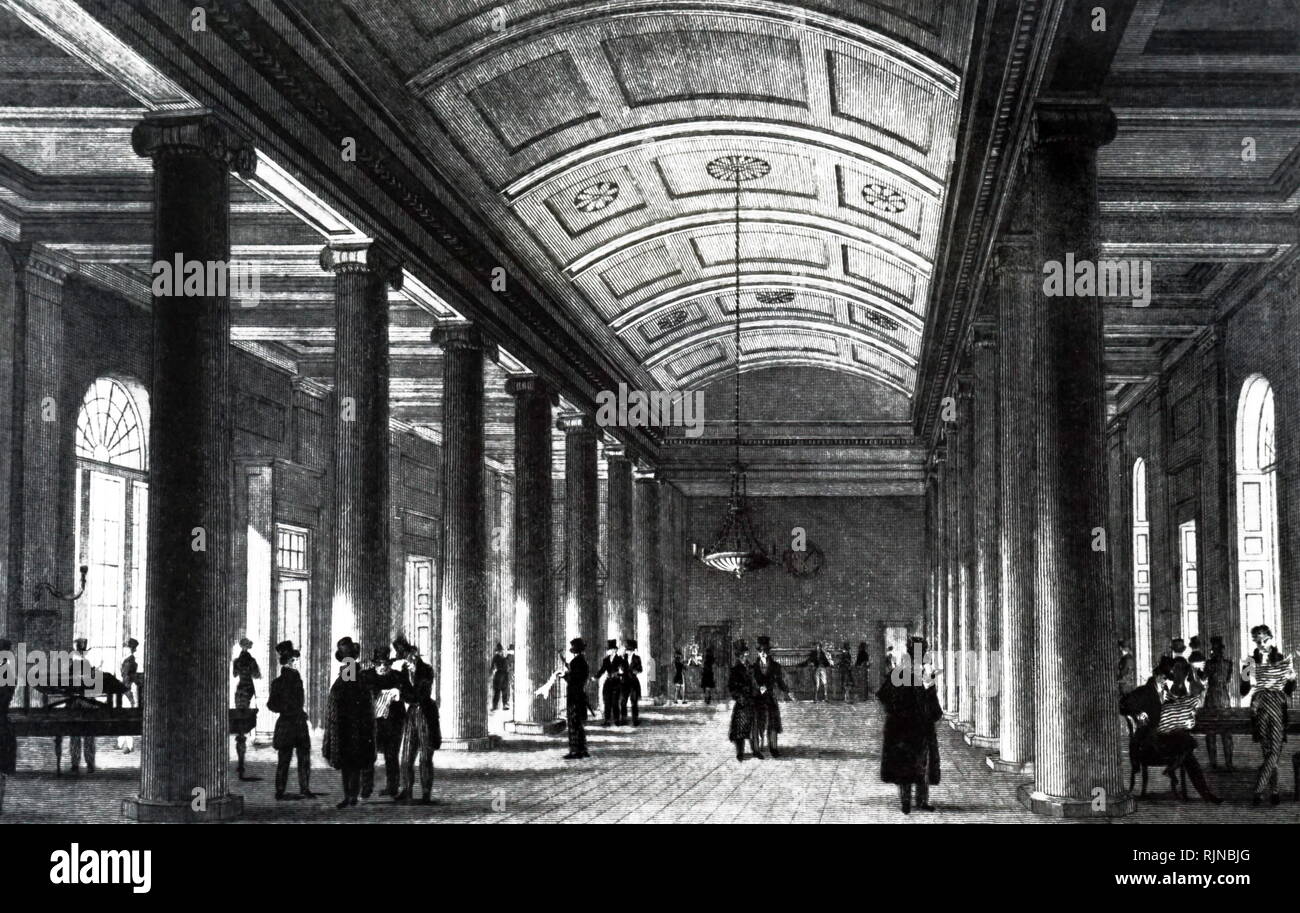 An engraving depicting the news room of the Liverpool Exchange, Dated ...