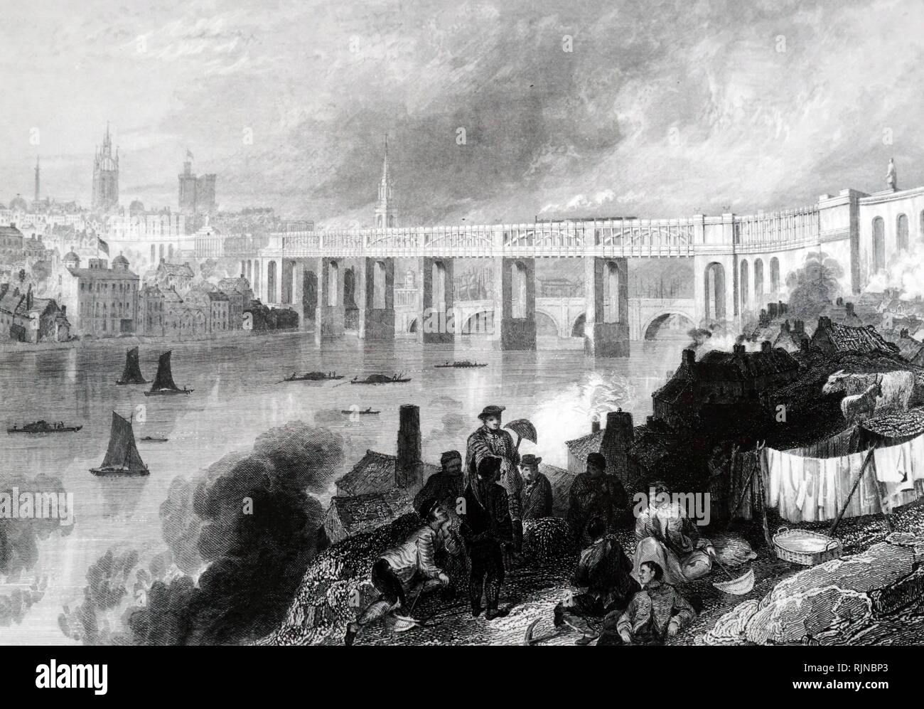 Engraving depicting the high level bridge over the Tyne at Newcastle ...