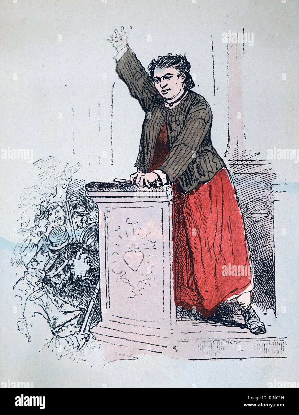 Hand-coloured engraving depicting a female Comrade addressing members ...