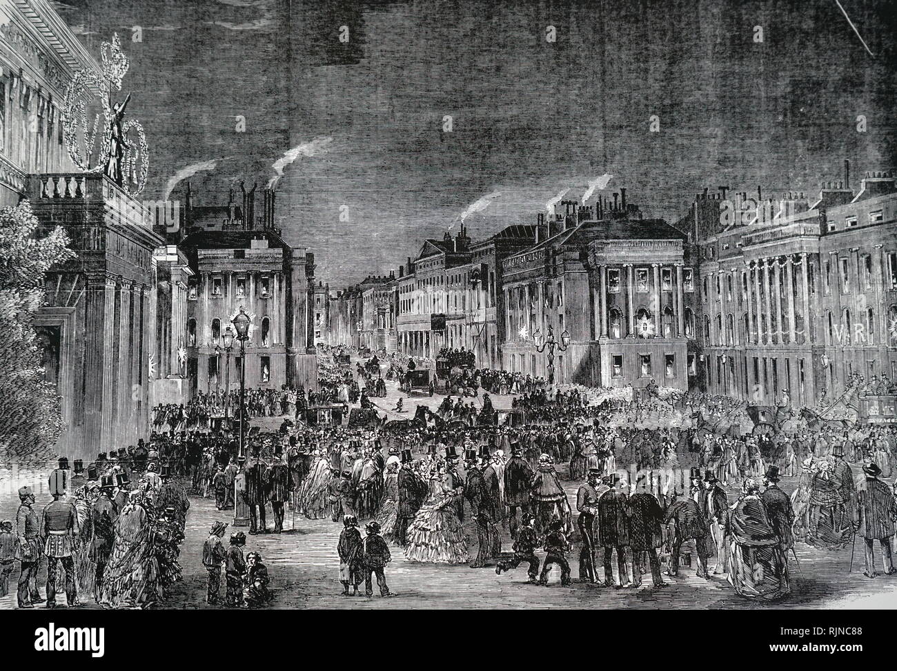 An engraving depicting illuminations in Waterloo Place, to mark the end ...