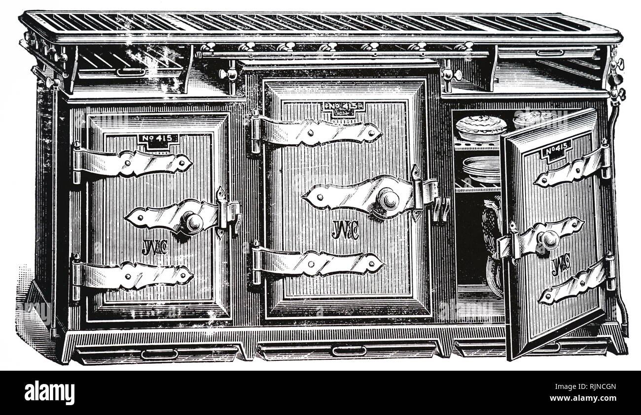 An engraving depicting a large gas stove with three ovens, two grills ... An engraving depicting a large gas stove with three ovens, two grills ...