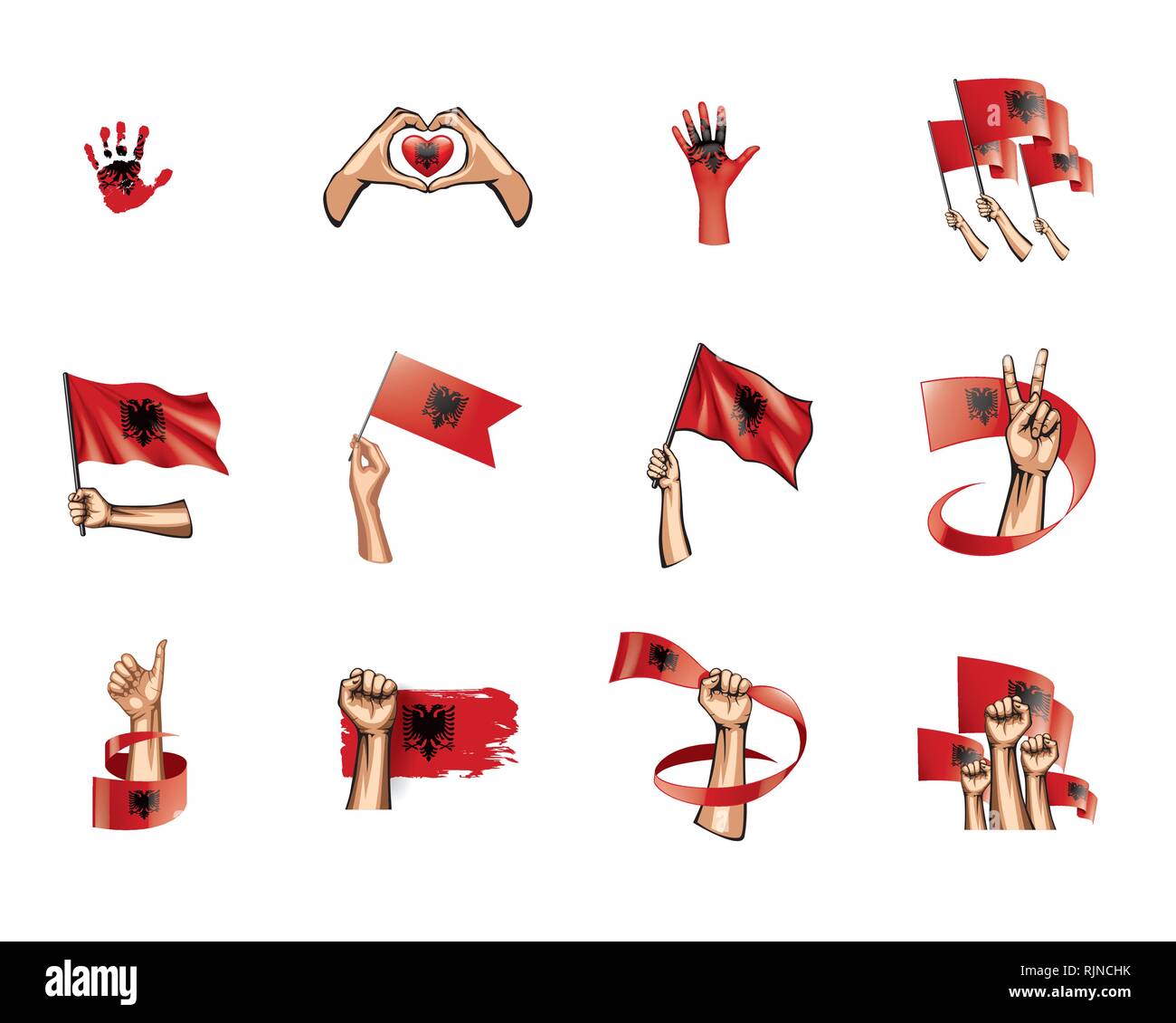 Albania flag and hand on white background. Vector illustration Stock ...