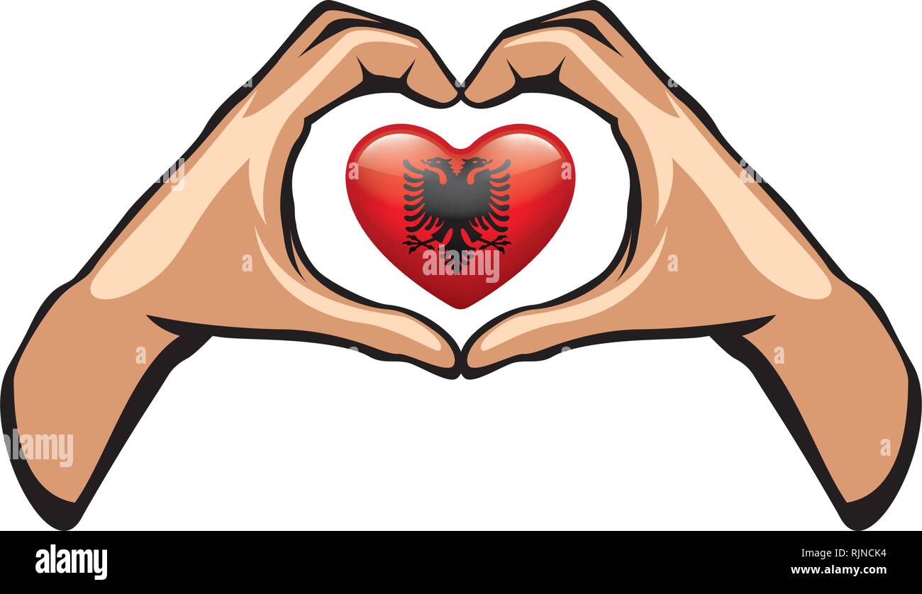 Albania flag and hand on white background. Vector illustration Stock ...