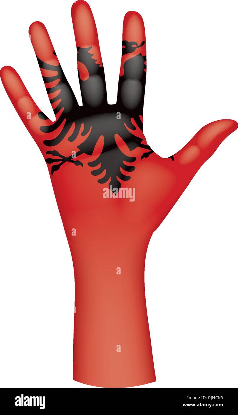Albania flag and hand on white background. Vector illustration Stock ...