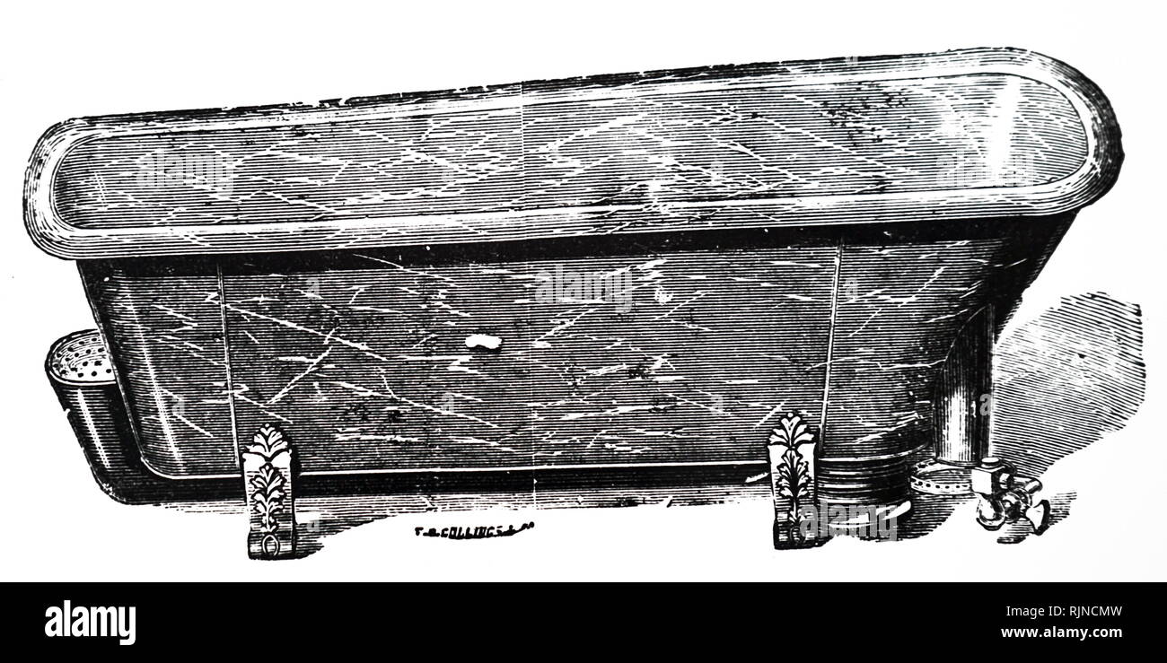 An engraving depicting a bath with a gas burner under on end which ...