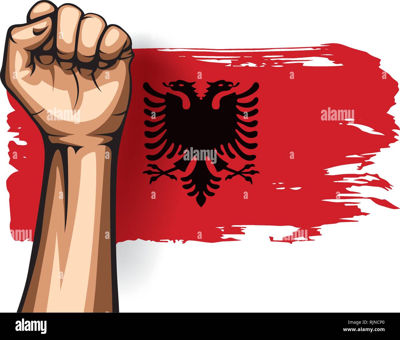 Albania flag and hand on white background. Vector illustration Stock ...