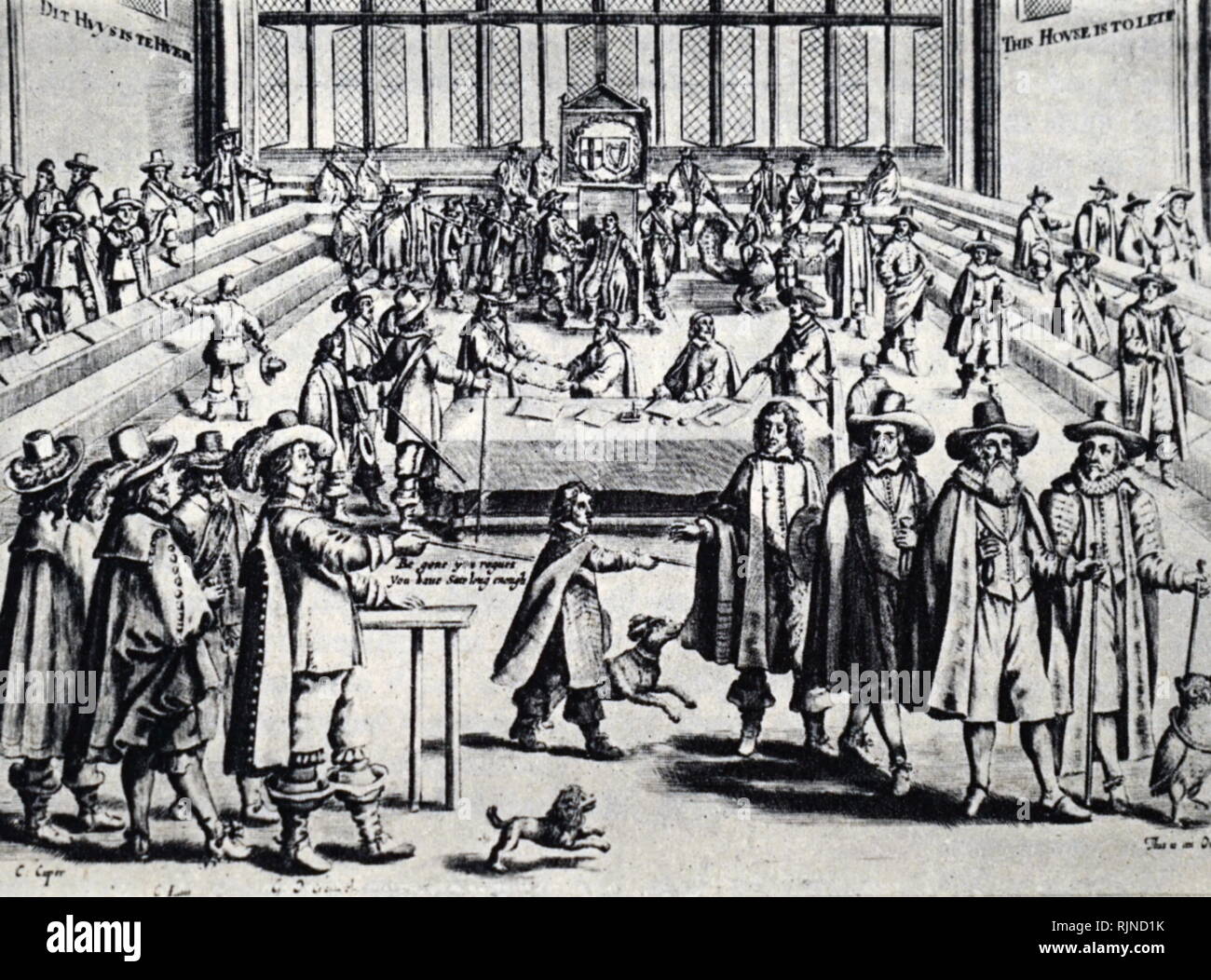 A woodcut engraving depicting Oliver Cromwell dismissing the Long ...