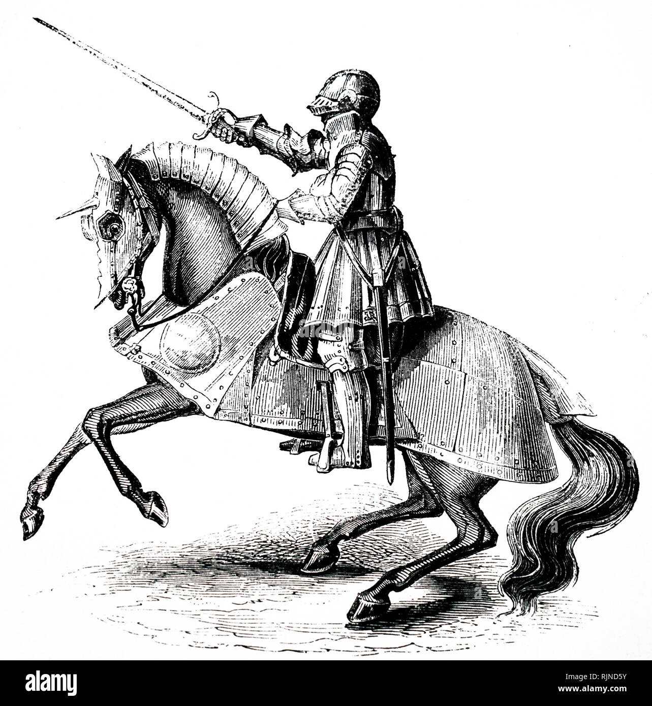 An engraving depicting King Henry VIII (1491-1547) mounted in full ...