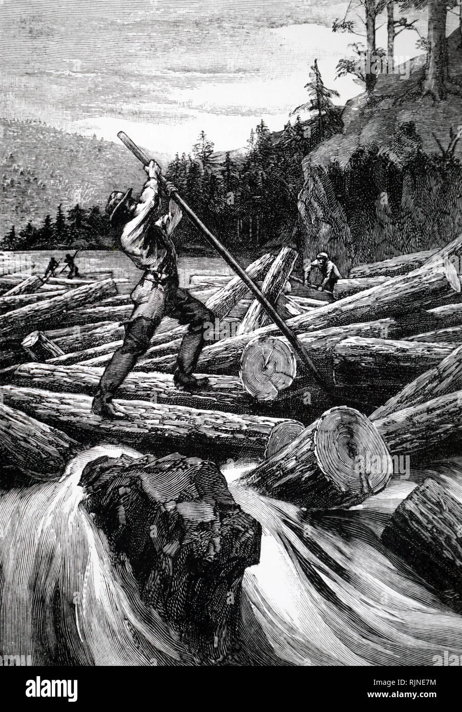 An engraving depicting a Canadian lumbermen clearing a log jam Stock ...