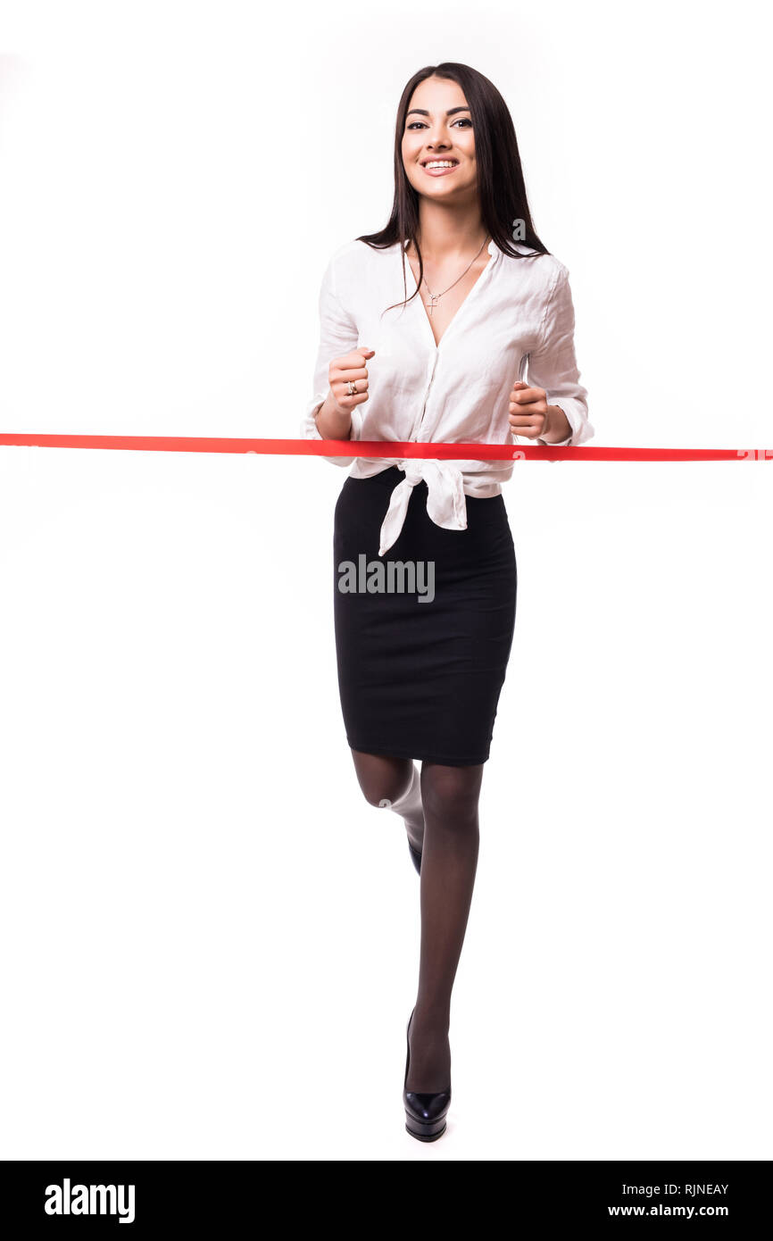 Happy running business woman crossing finish line on white background ...