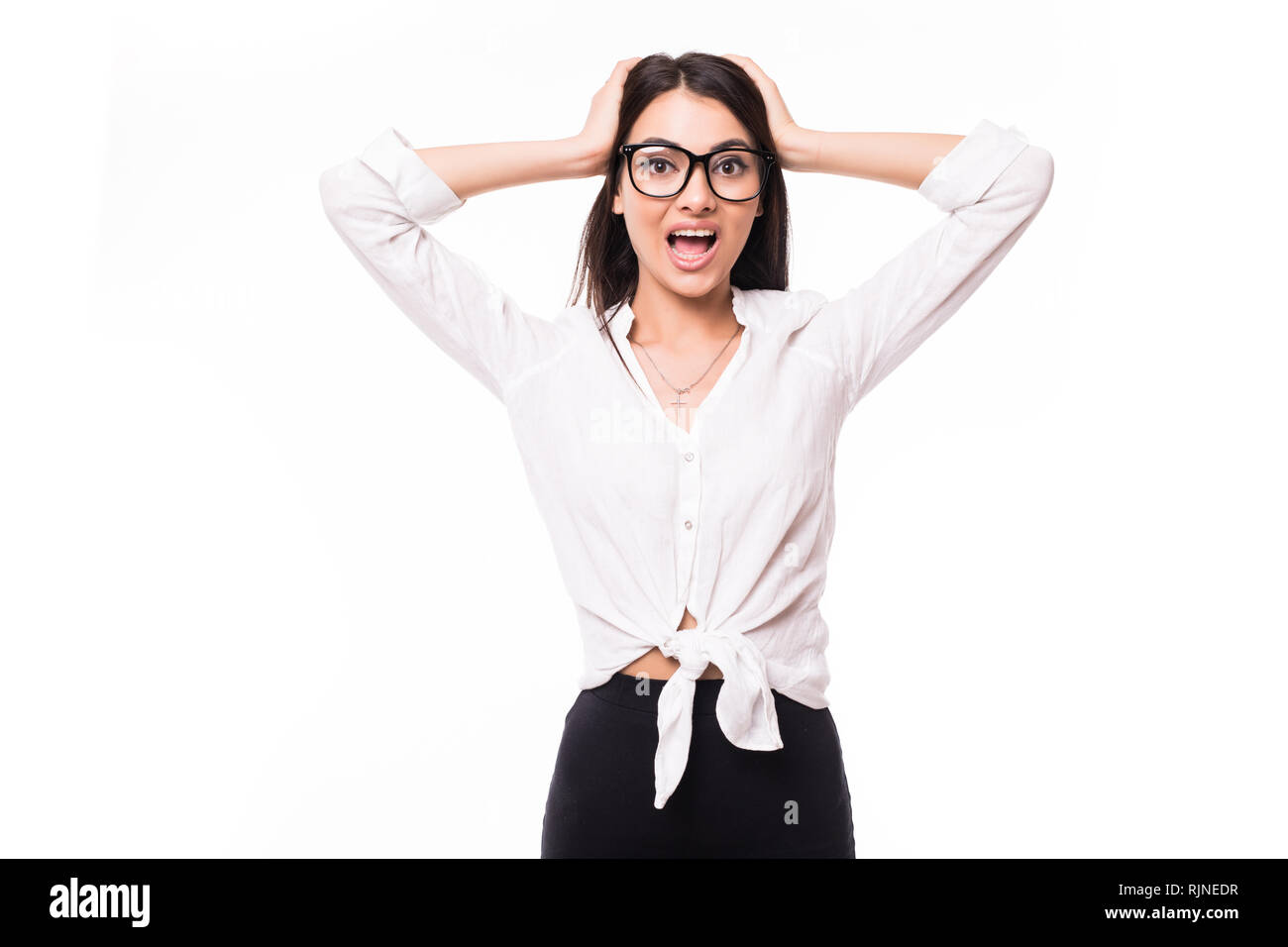 Businesswoman surprised scared, terrified hold hand on head, mouth open ...