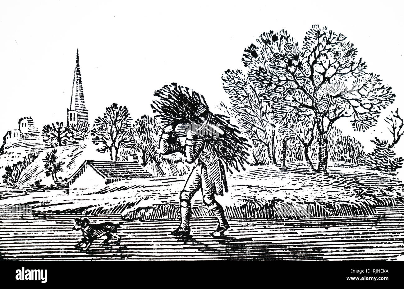 A woodcut engraving depicting a man carrying a load of firewood home ...