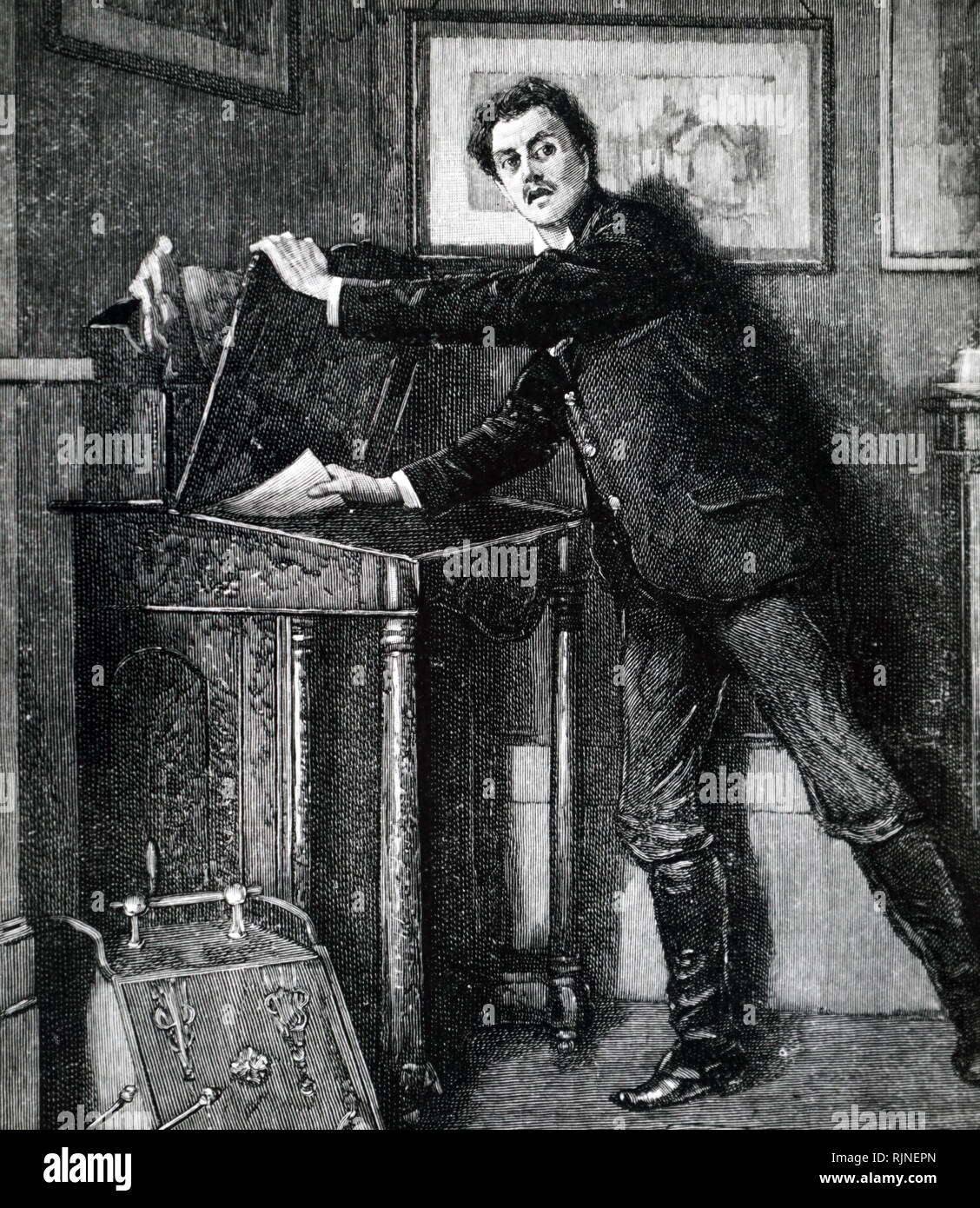 An engraving depicting a man furtively taking paper from a desk, a coal ... An engraving depicting a man furtively taking paper from a desk, a coal ...