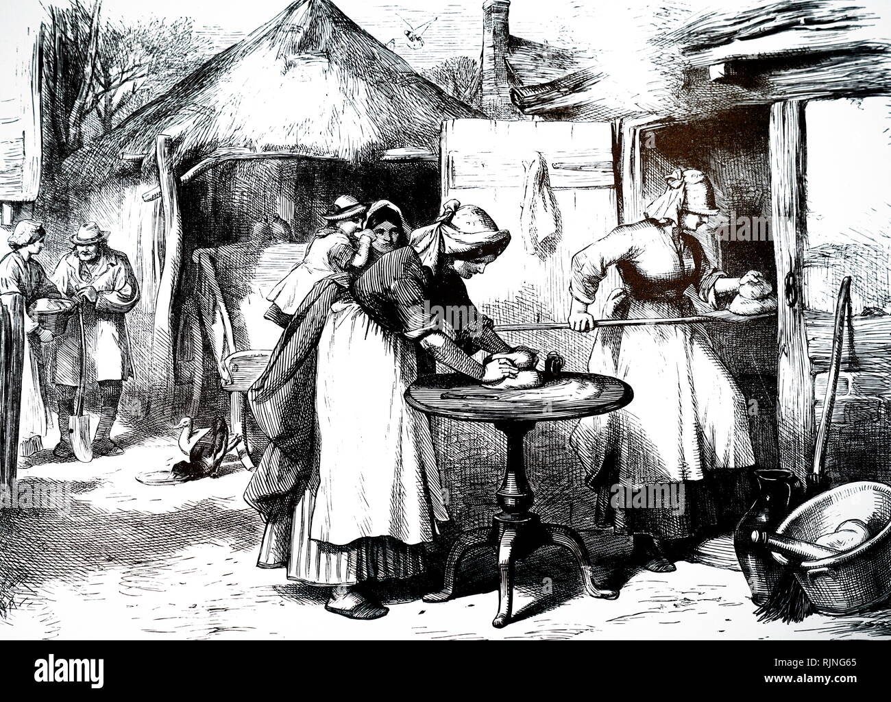 An engraving depicting women baking in a Warwickshire Village. Dated ...