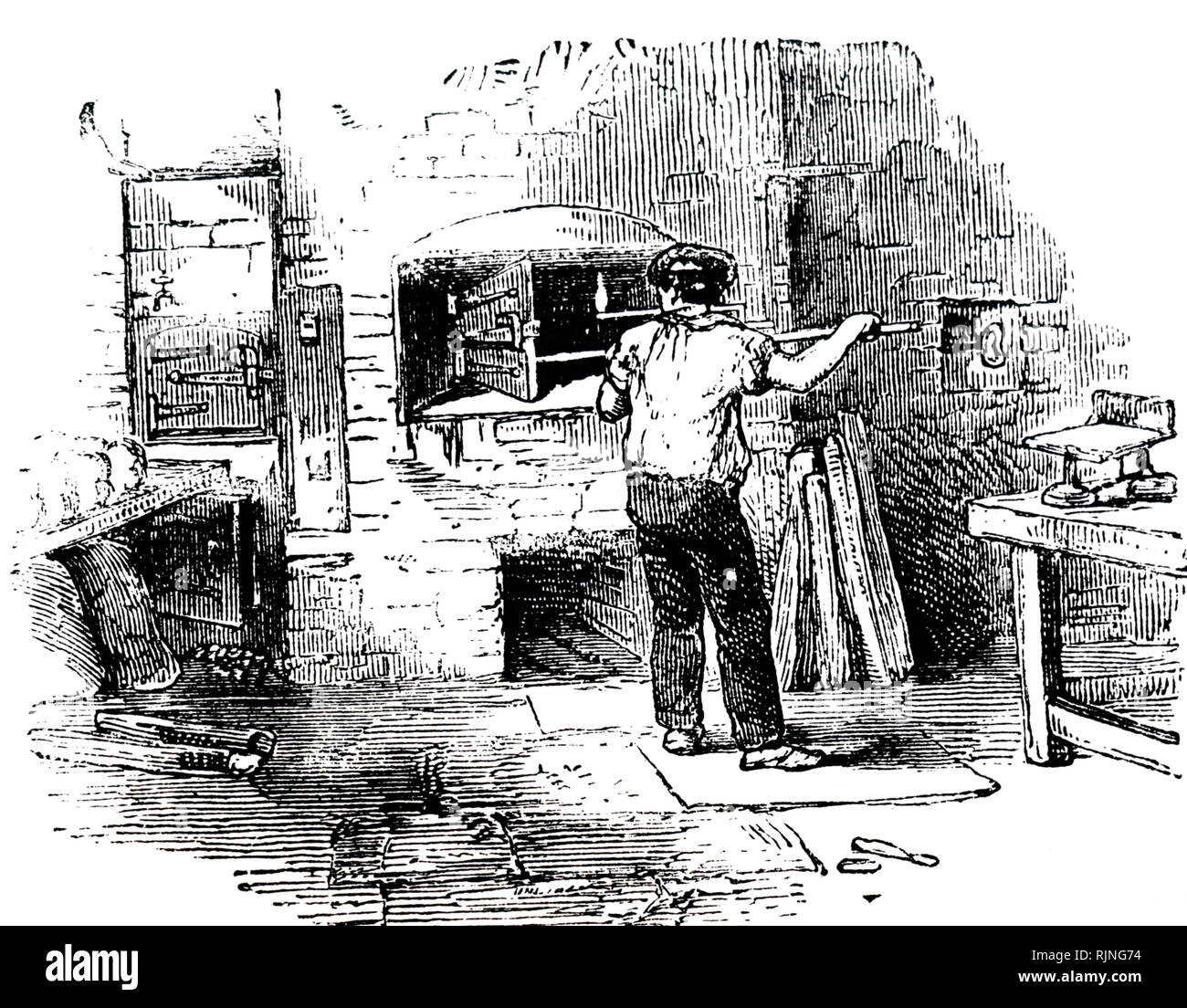 An engraving depicting a baker "setting a batch" - putting bread into ...