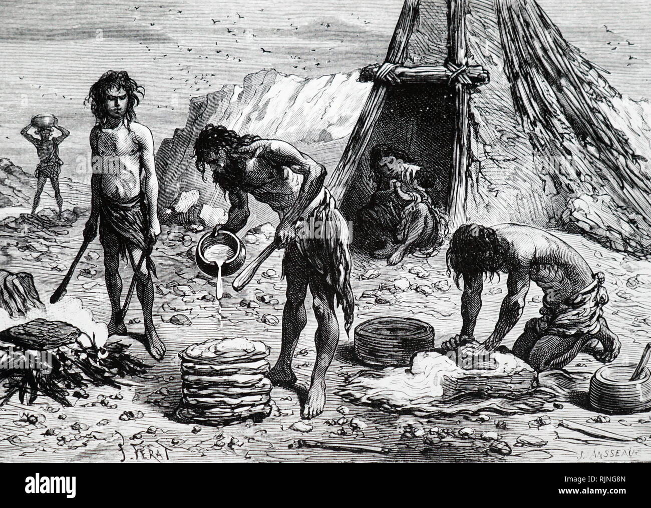 An engraving depicting prehistoric bread makers. Dated 19th century ...