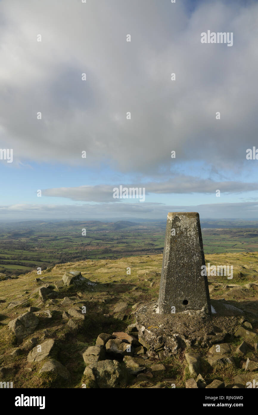 Trig point on the summit of 533m (1749 ft) Titterstone Clee hill ...