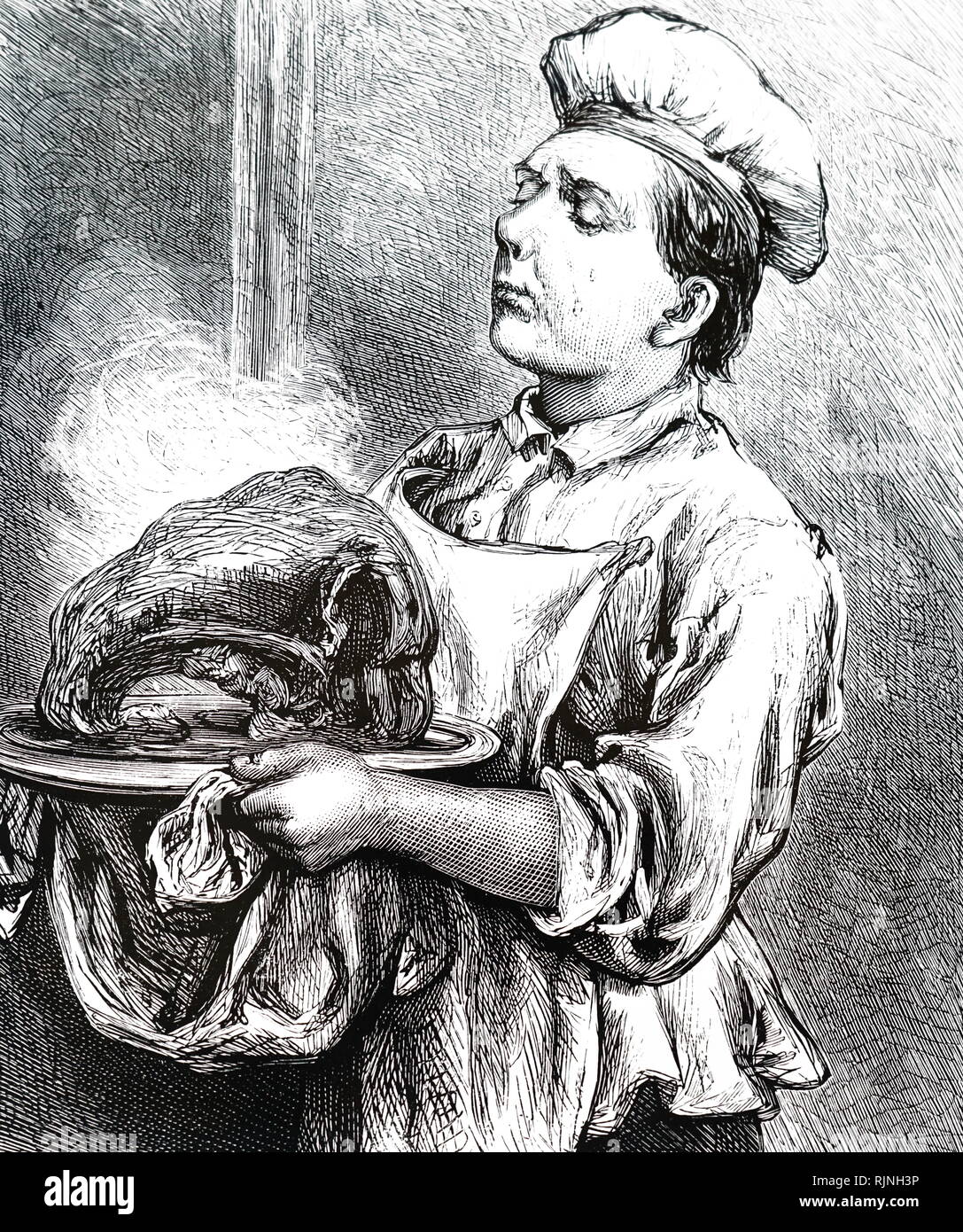 An engraving depicting a cook carrying a dish of roast ribs of beef ...