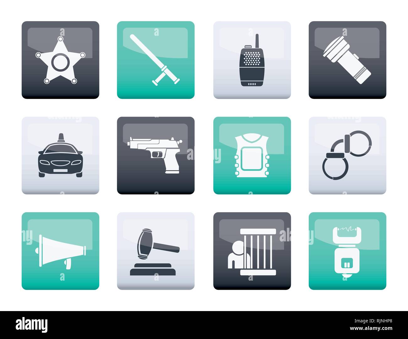 Law, order, police and crime icons over color background - vector icon ...