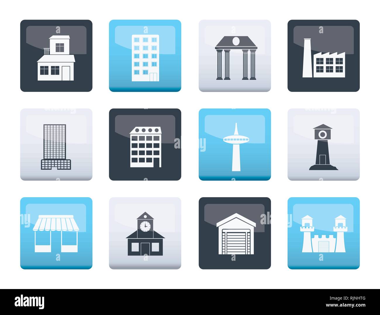 different kind of building and City icons over color background ...