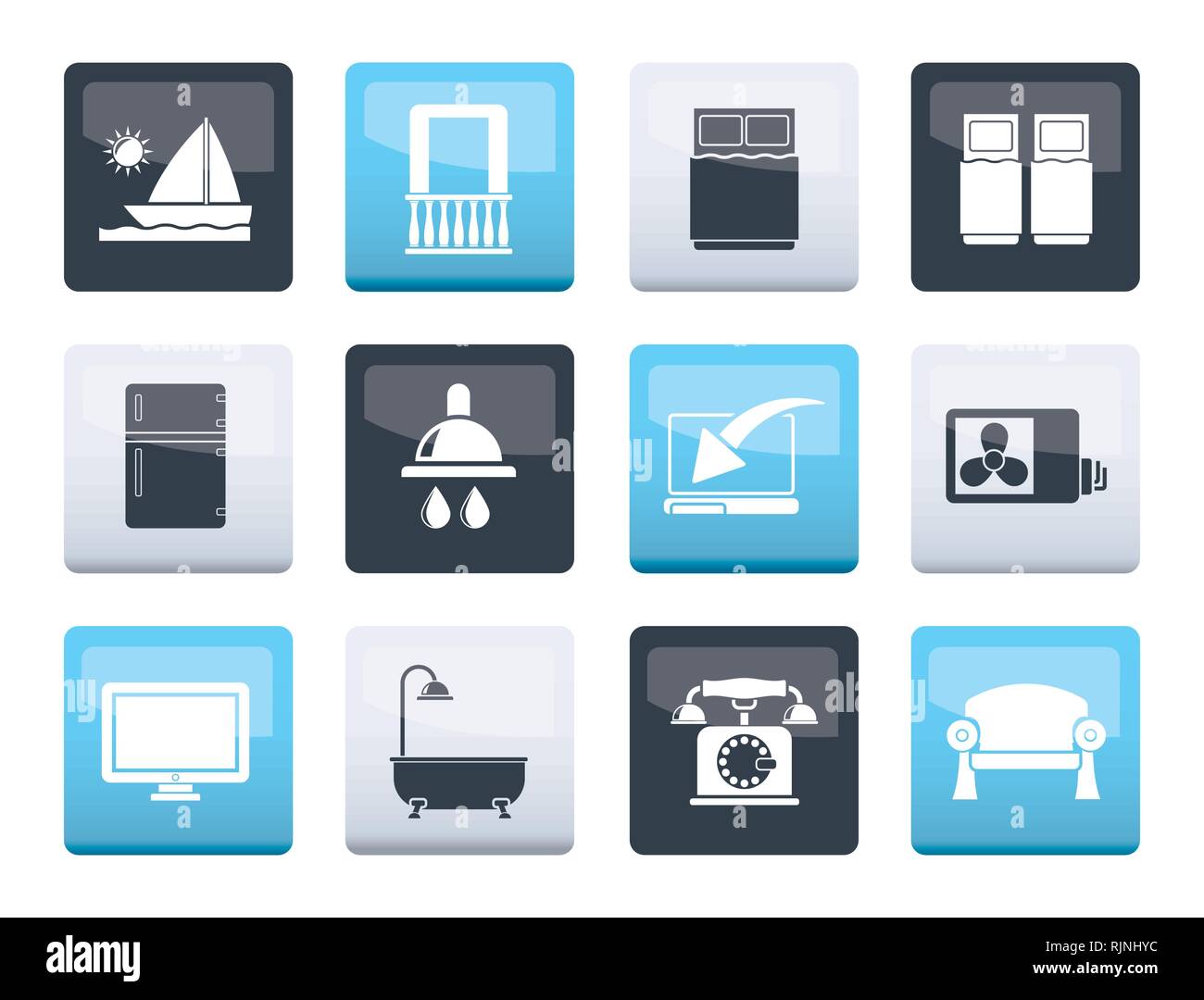 Hotel and motel room facilities icons over color background- vector ...