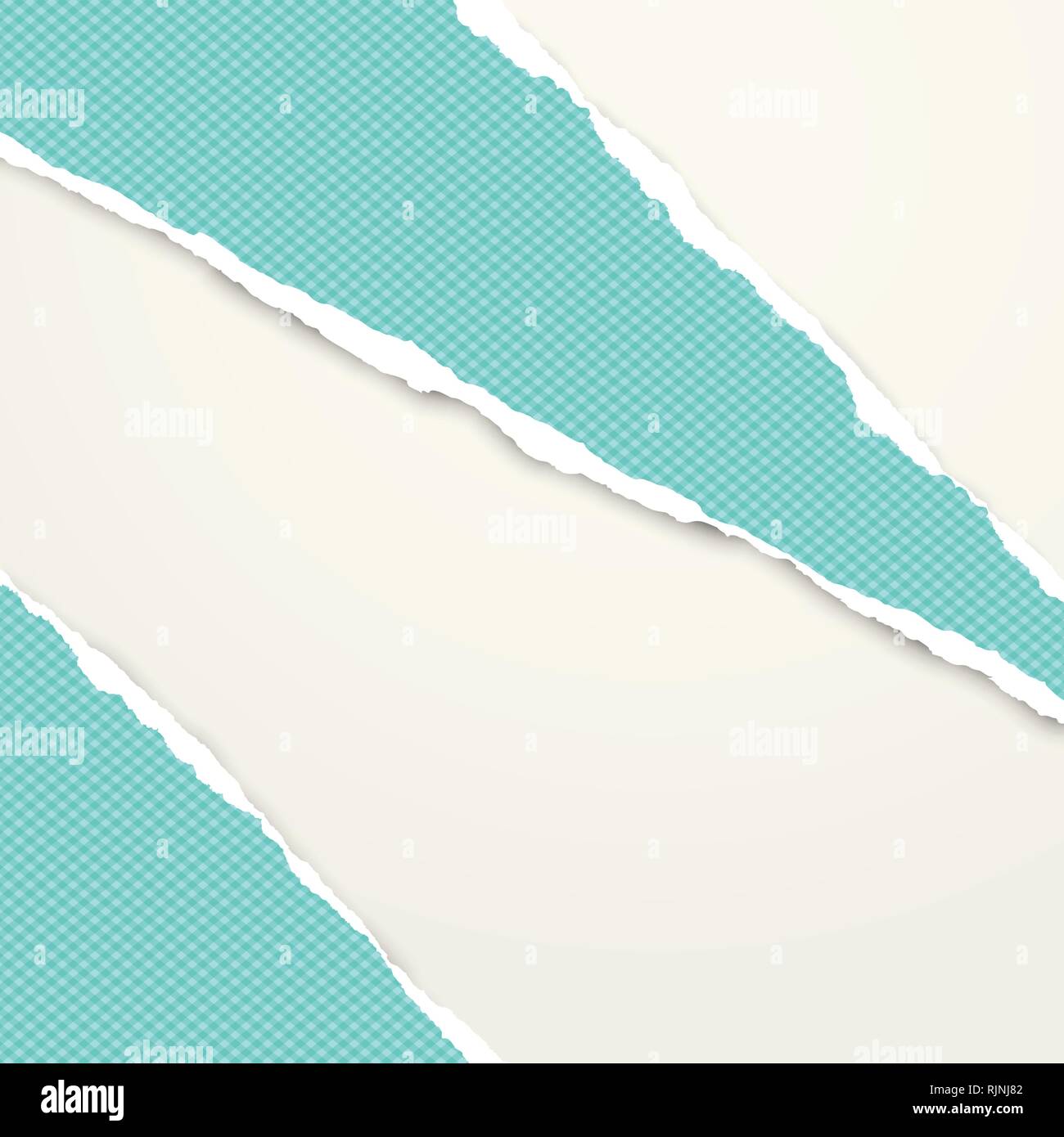 Ripped squared turquoise paper strips for text or message are on white ...