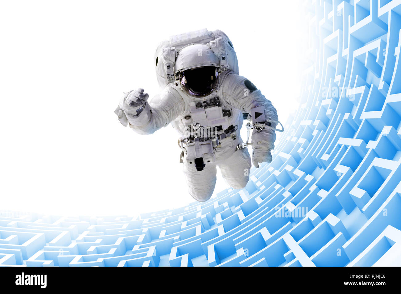 astronaut over huge endless blue maze structure (3d illustration ...