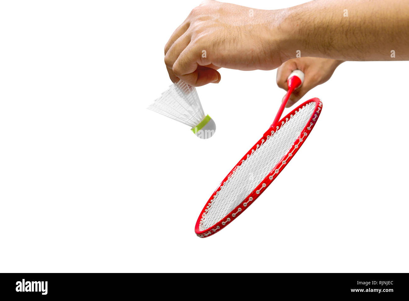 Man hand in badminton serving position isolated over white background ...
