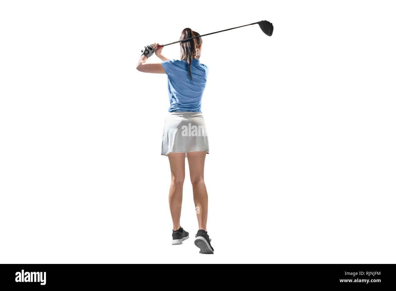 Rear view of asian woman on long drive swing with wood club isolated ...